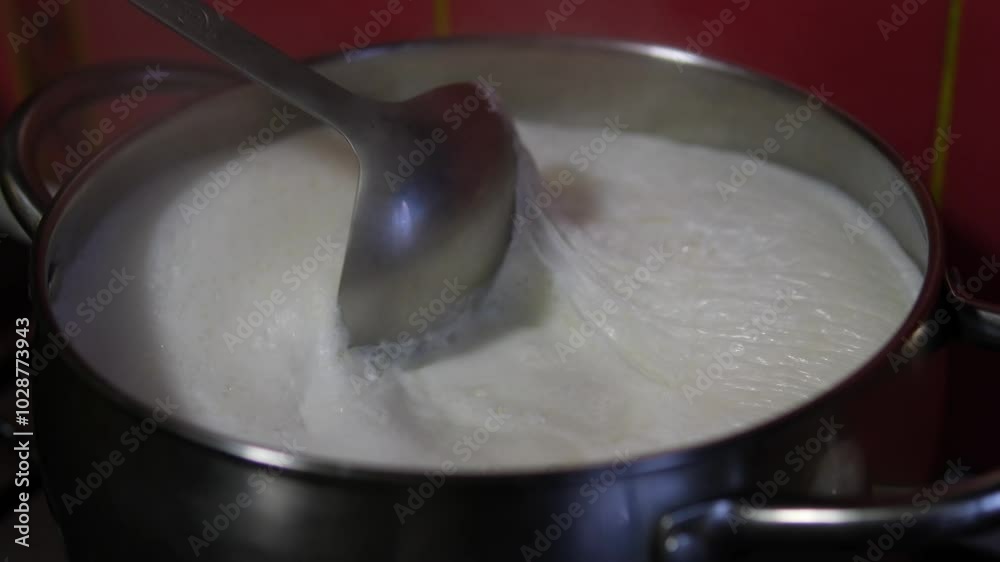 Milk boils and steams hot. Boiling milk in a stainless steel vessel ...