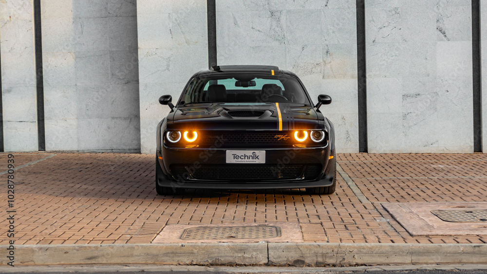 Black Dodge Challenger Front View, Sportscar external shot, High ...