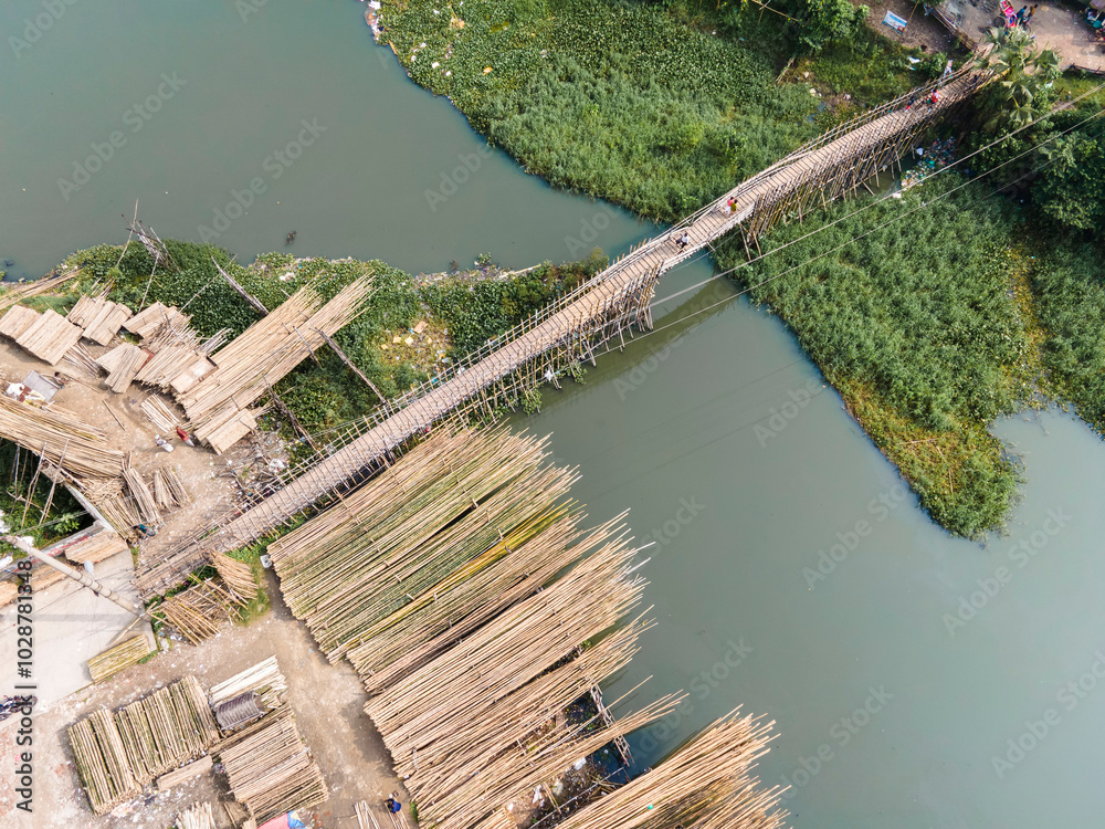 Poster Aerial view of Bangladeshi hundreds of people use the makeshift ...