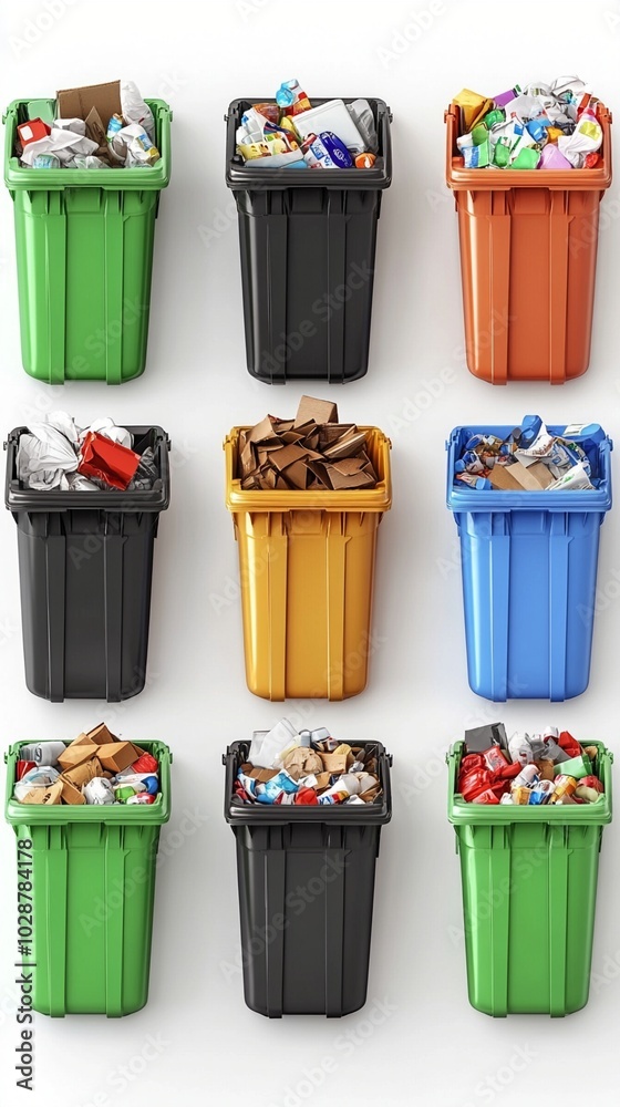 Colorful array of recycling bins filled with sorted waste materials ...