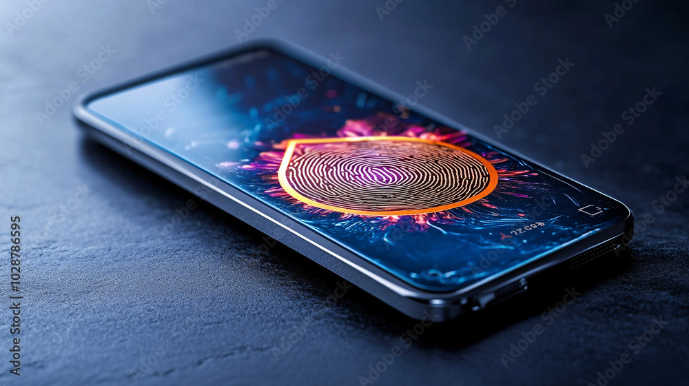 smartphone displaying vibrant fingerprint scanner interface, symbolizing security and technology ...