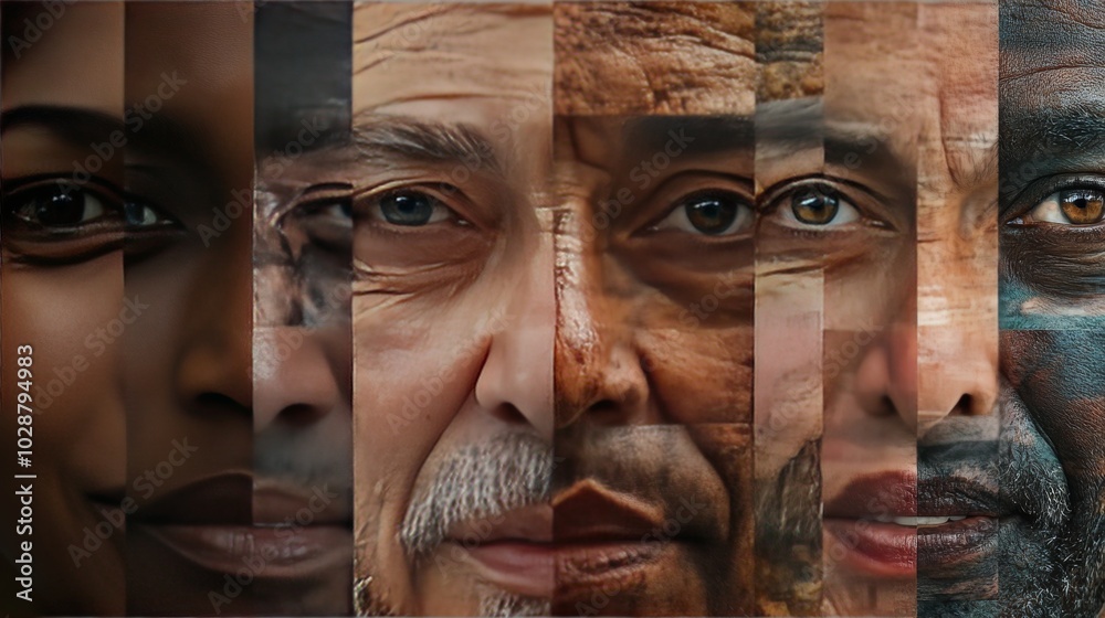 Human face made from different portrait of men and women of diverse age ...