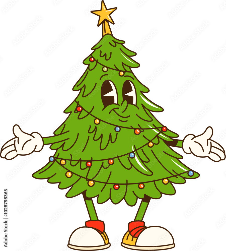 Cartoon Christmas pine tree groovy character in hippie sneakers ...