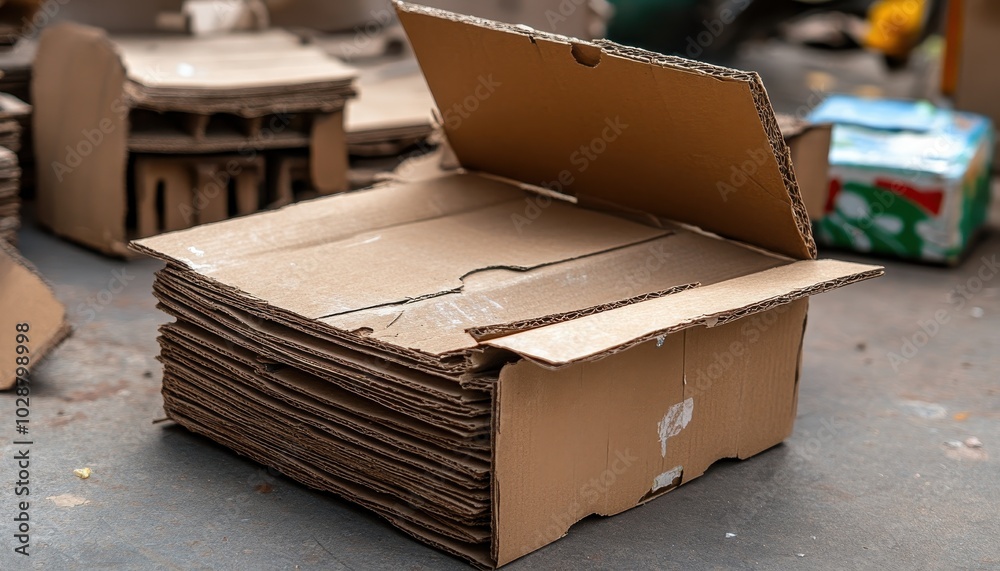 Open cardboard box on a cluttered surface revealing contents within ...