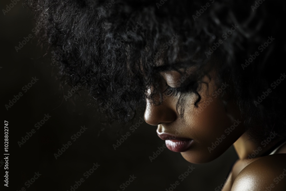 A side profile portrait of a woman with voluminous afro hair, softly ...