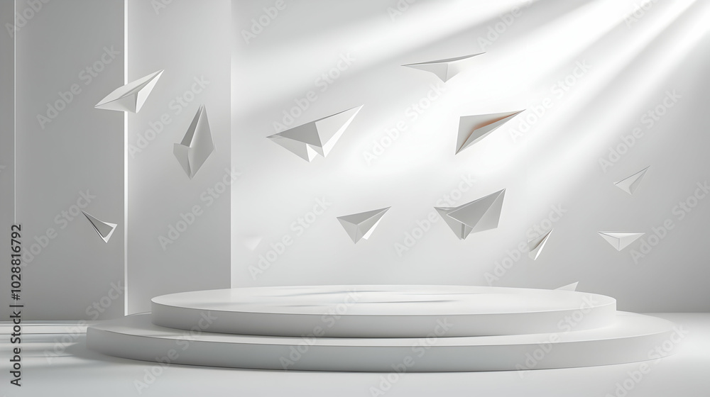 3D Minimalist Origami Podium with Paper Planes Taking Off - Slow Zoom ...