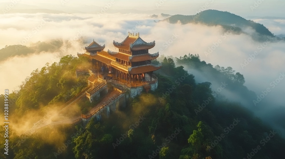 Aerial View Of Landscape Is Lunar Castles Covered With Fog At The Top
