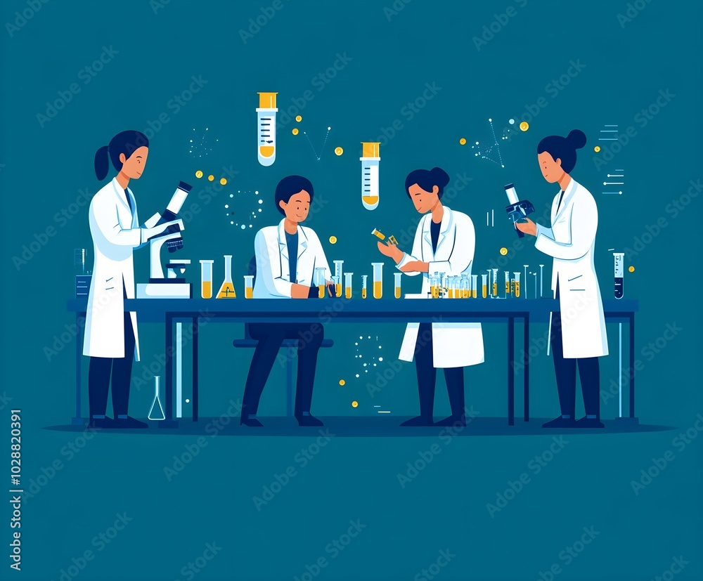 Medical research: Scientists experimenting at a lab bench A group of ...