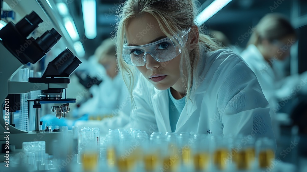 Medical research: Scientists experimenting at a lab bench A group of ...