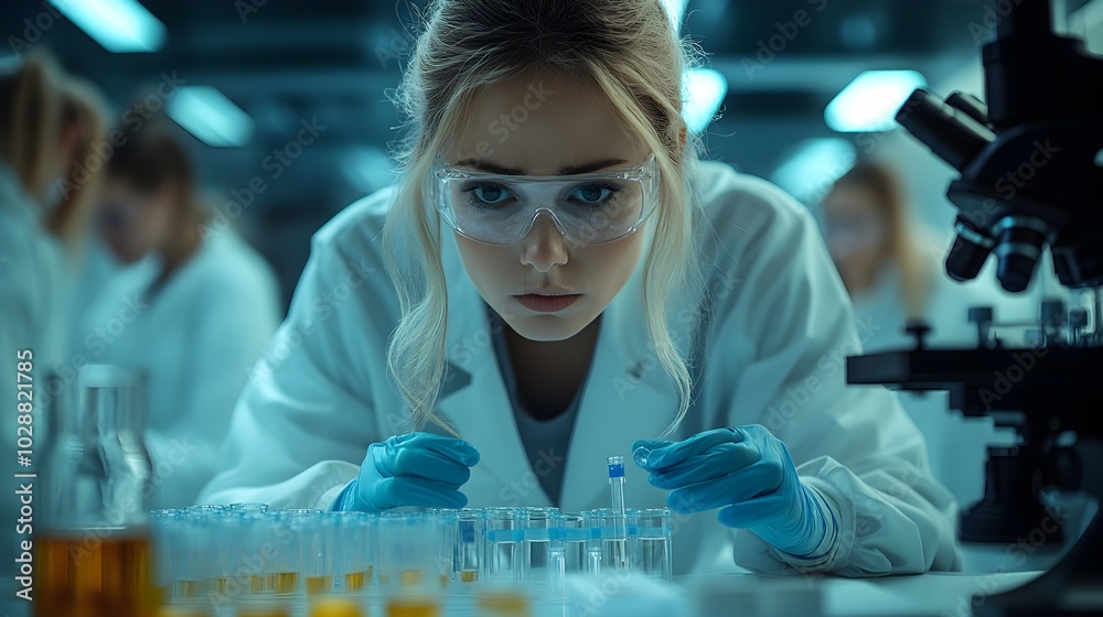 Medical research: Scientists experimenting at a lab bench A group of ...