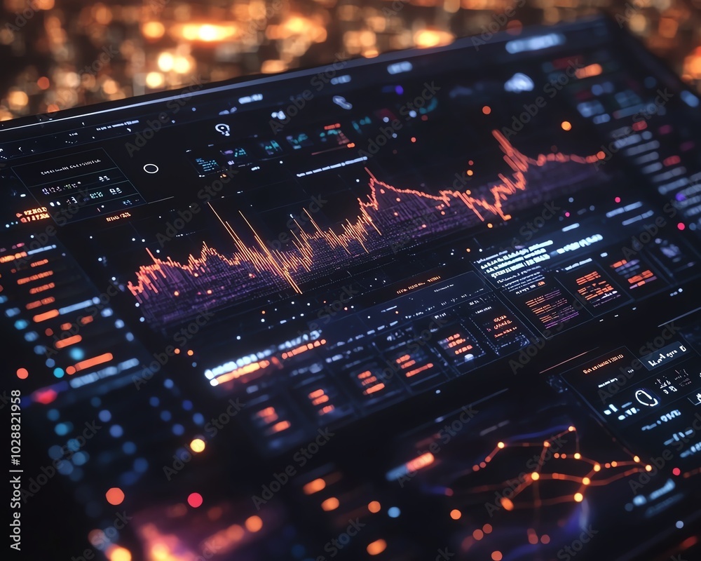 Holographic 3D financial dashboard with floating charts and graphs ...