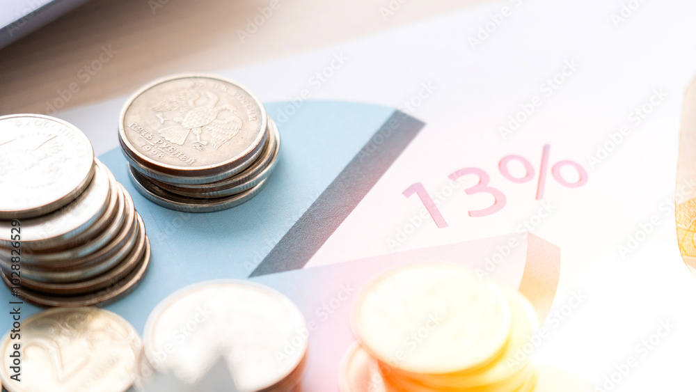 A pile of coins and a pie chart with the number 13 on it. The coins are ...