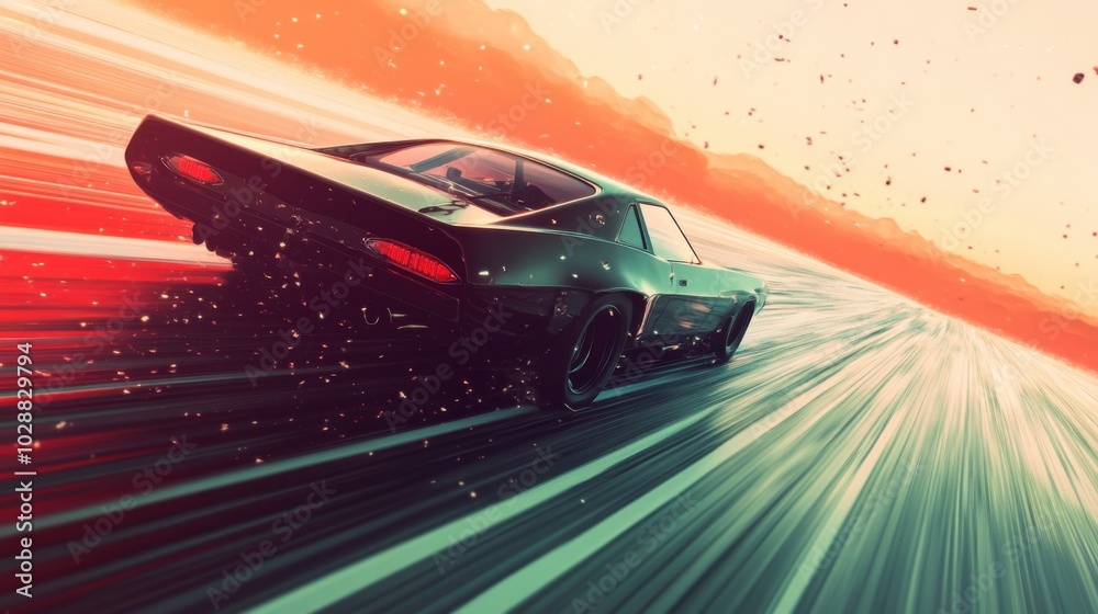 A vintage car racing across a futuristic landscape at high speed ...
