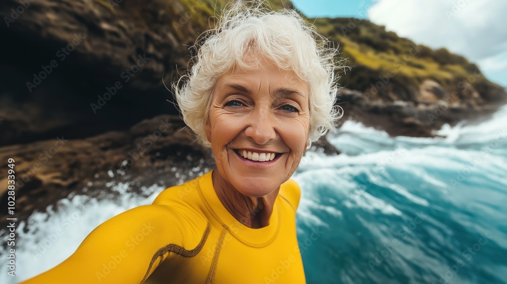 Senior woman bodyboarding in the ocean, challenging age stereotypes in ...