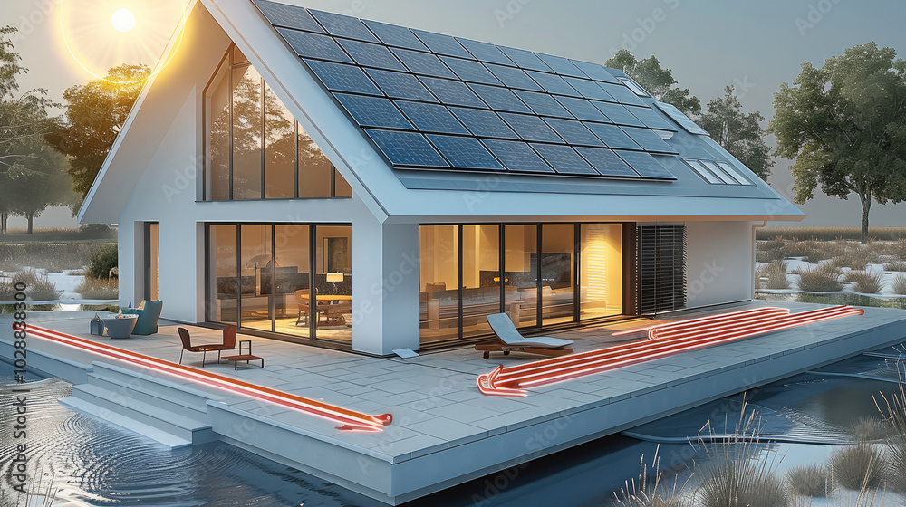 A crossing view house equipped with a solar energy system. The solar ...