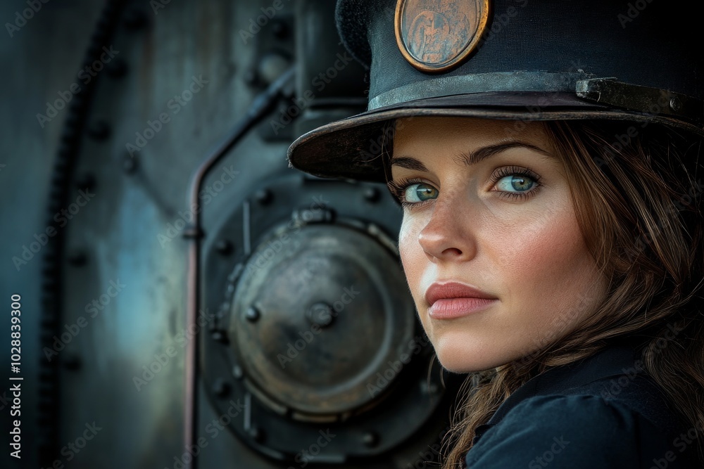Vintage train conductor with captivating eyes in historical setting ...