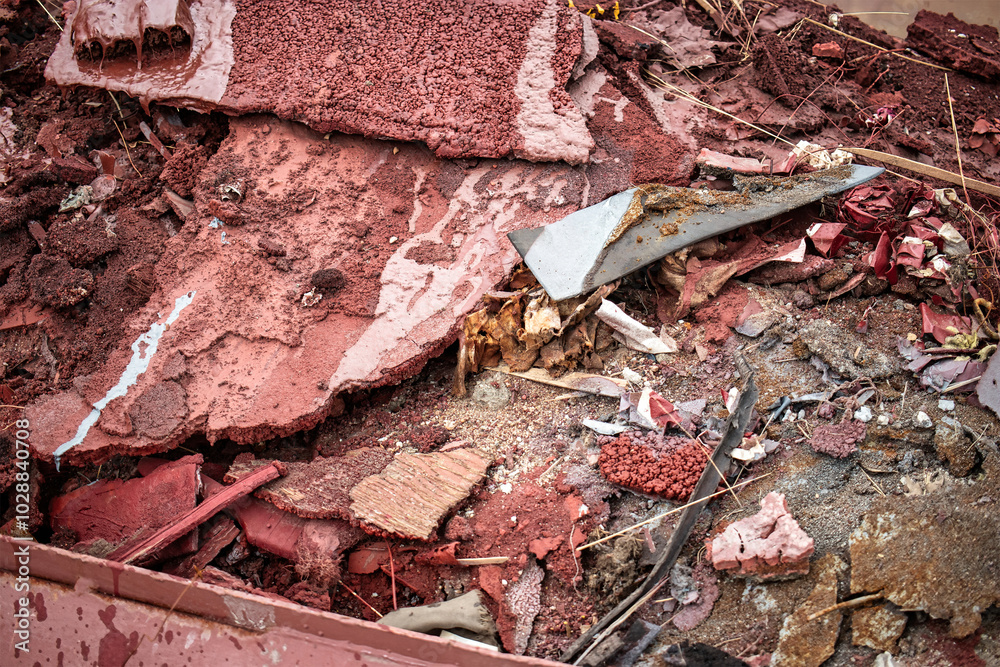 Industrial waste and paint remnants accumulate at a manufacturing site ...