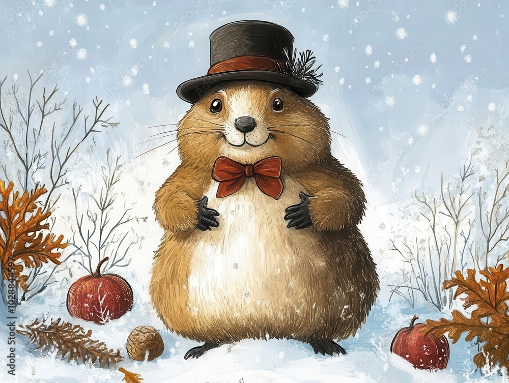 punxsutawney phil, the famous groundhog, illustrated in a whimsical ...