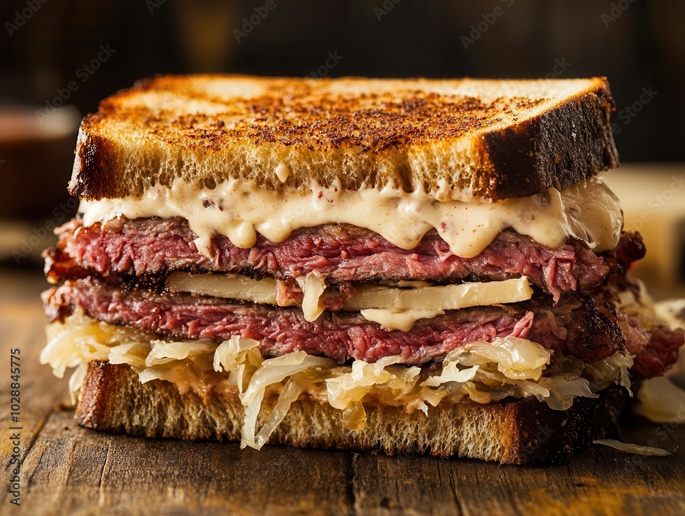 reuben sandwich stacked high with juicy corned beef, tangy sauerkraut ...