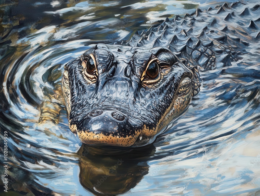 small alligator gracefully floating in the water, depicted in close-up ...
