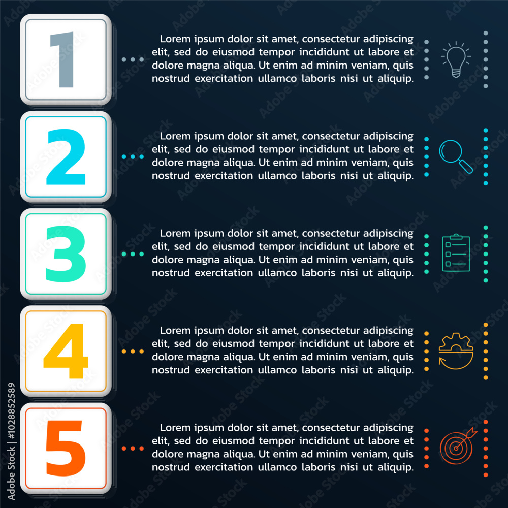 5 step info graphic template. List diagram, chart with five numbers ...