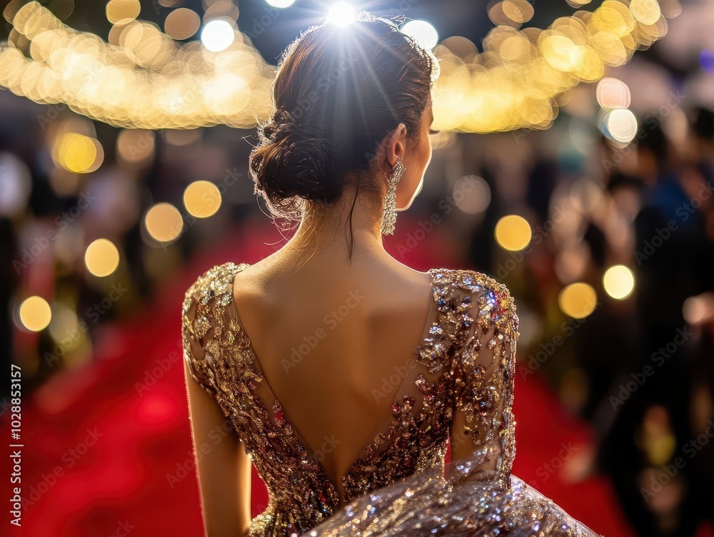 stunning actress, her back turned to the camera on the red carpet ...