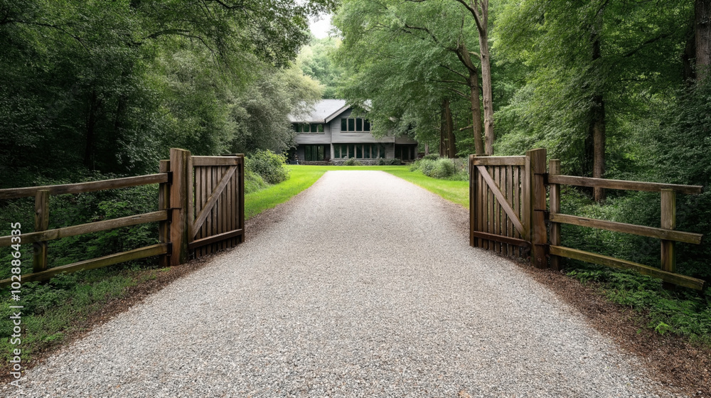 Gravel driveway leading to a modern house surrounded by dense, lush ...