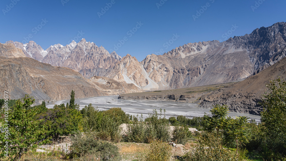 Rural landscape view of Tupopdan peak aka Passu cathedral or Passu ...