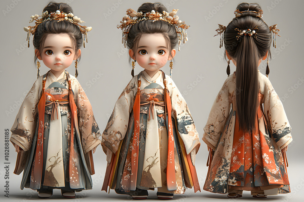 A Cute Little Girl Wearing Chinese Hanfu with Hair in a Traditional ...