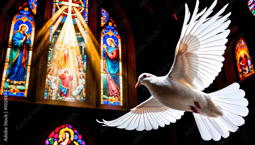 White dove flying. Holy spirit pigeon, church's colored stained glass ...