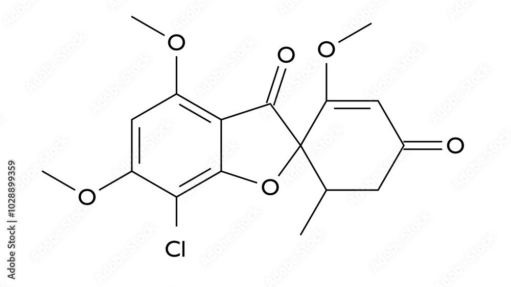 griseofulvin molecule, structural chemical formula, ball-and-stick ...
