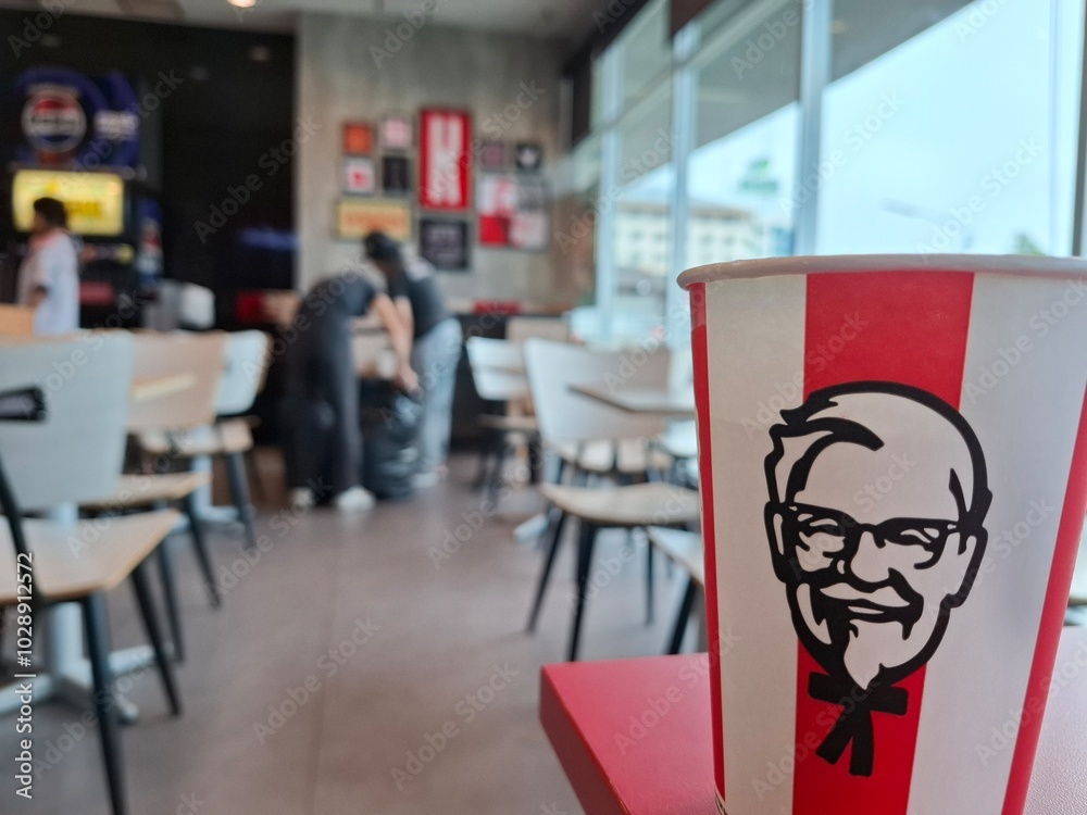 Interior of a KFC restaurant featuring the Colonel Sanders logo and ...