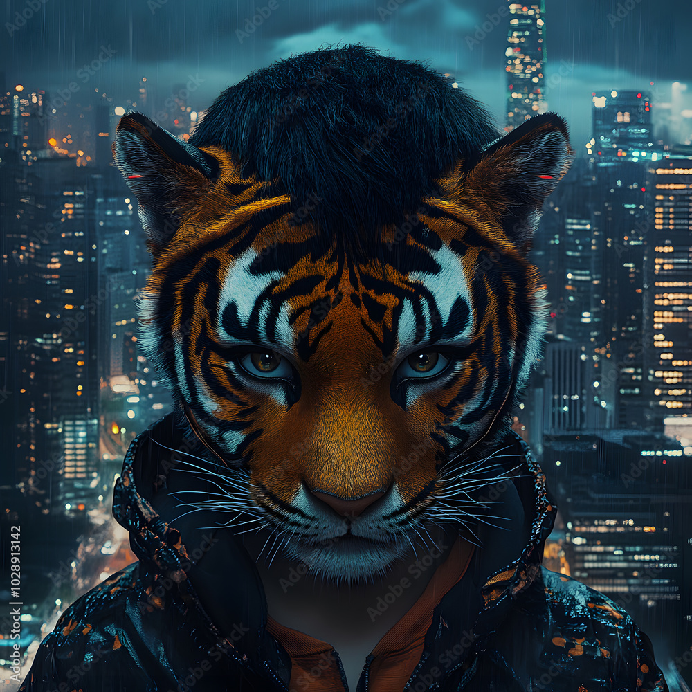 Quadrobists Style Art, a portrait of a young boy in a tiger mask ...