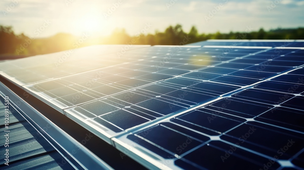 Close up of rooftop solar panels with sunlight streaming through ...