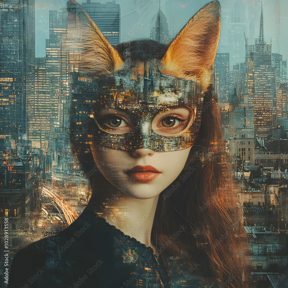 Quadrobists Style Art, a portrait of a young girl in a fox mask ...
