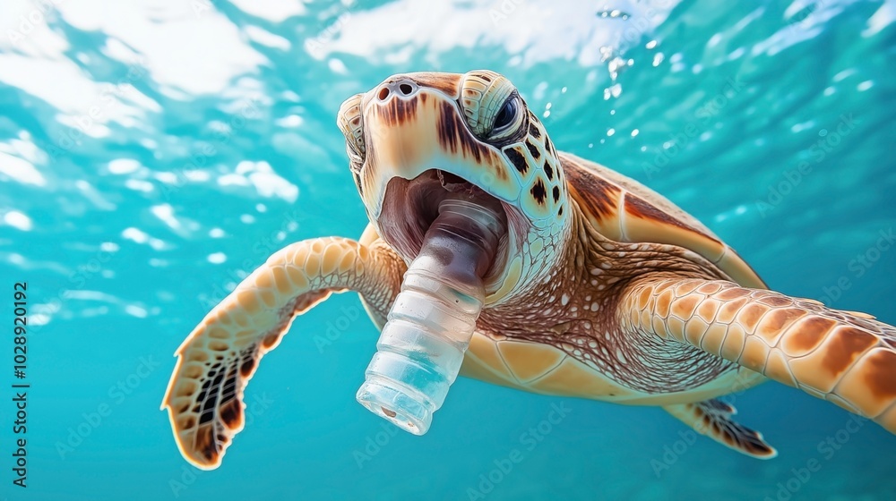 Sea turtle underwater biting a plastic bottle, highlighting ocean ...