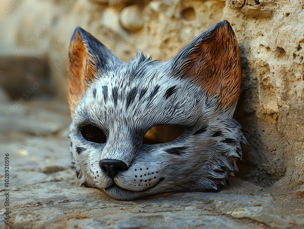 Realistic Cat Head Mask with Detailed Fur Texture Resting on Stone ...