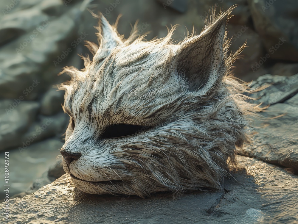 Realistic Cat Head Mask with Detailed Fur Texture Resting on Stone ...