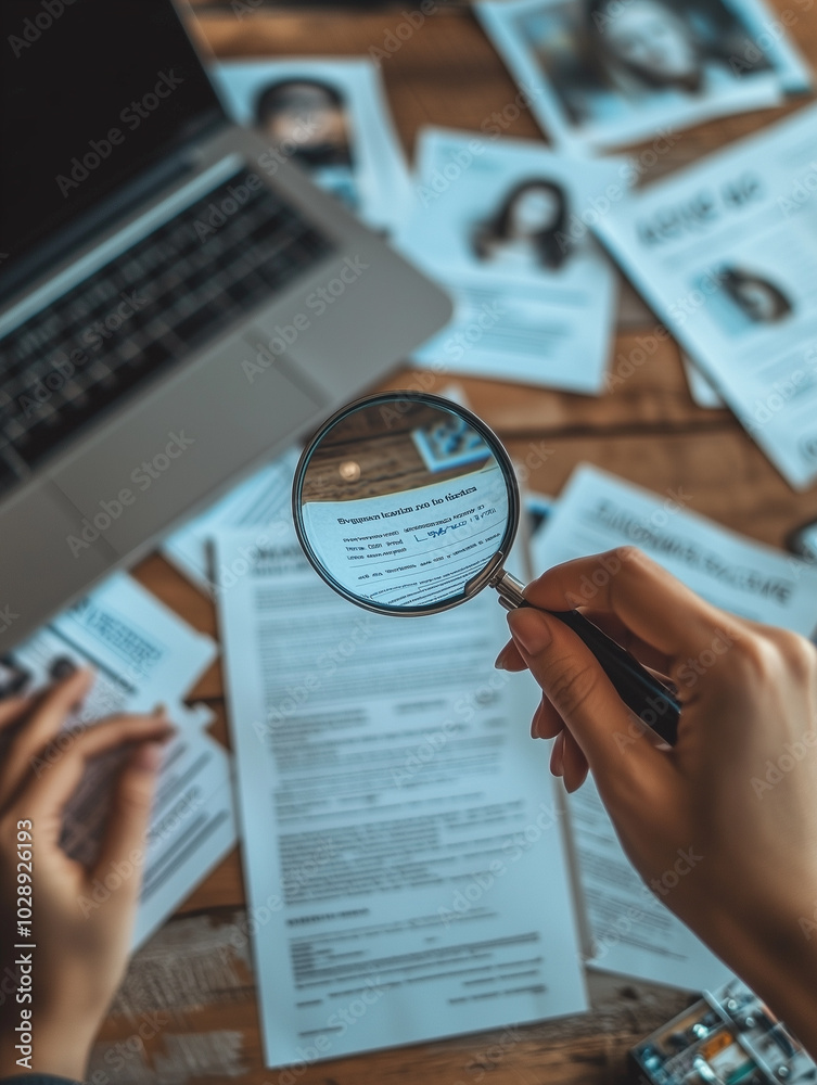 person’s hands holding a magnifying glass over a resume on a wooden ...