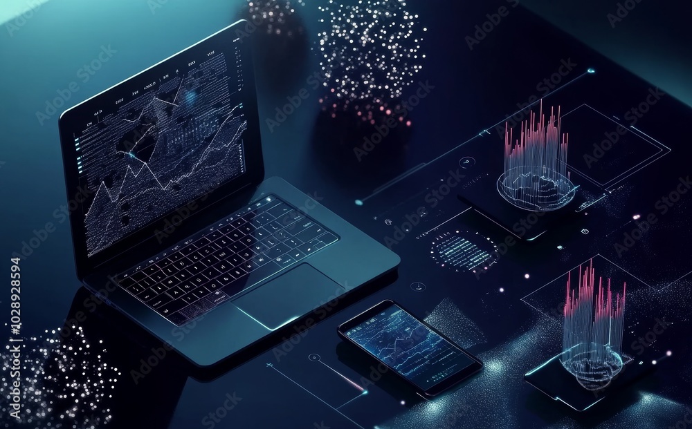 Training in programming and software development. Holographic program code floating on a laptop ...