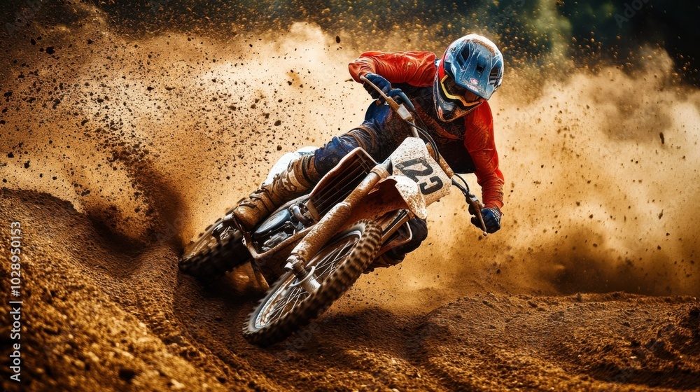 Motocross rider drifting around a tight corner, dirt flying up from the ...