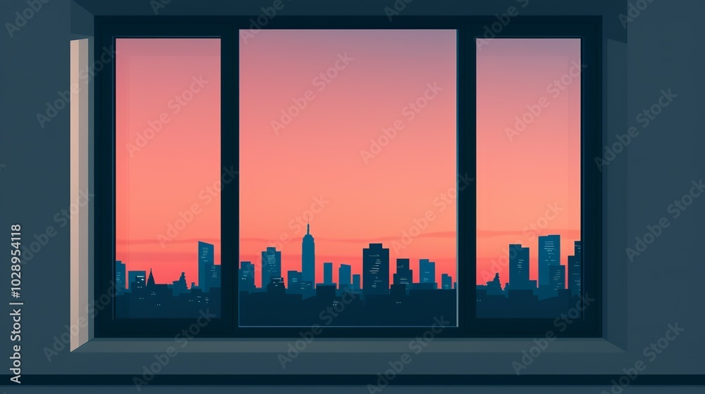 Cityscape Room Panorama: Through a window in a room, see the modern ...