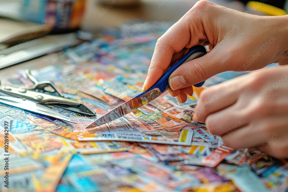 Coupon Clipping: Hands cutting out coupons from a colorful newspaper ...