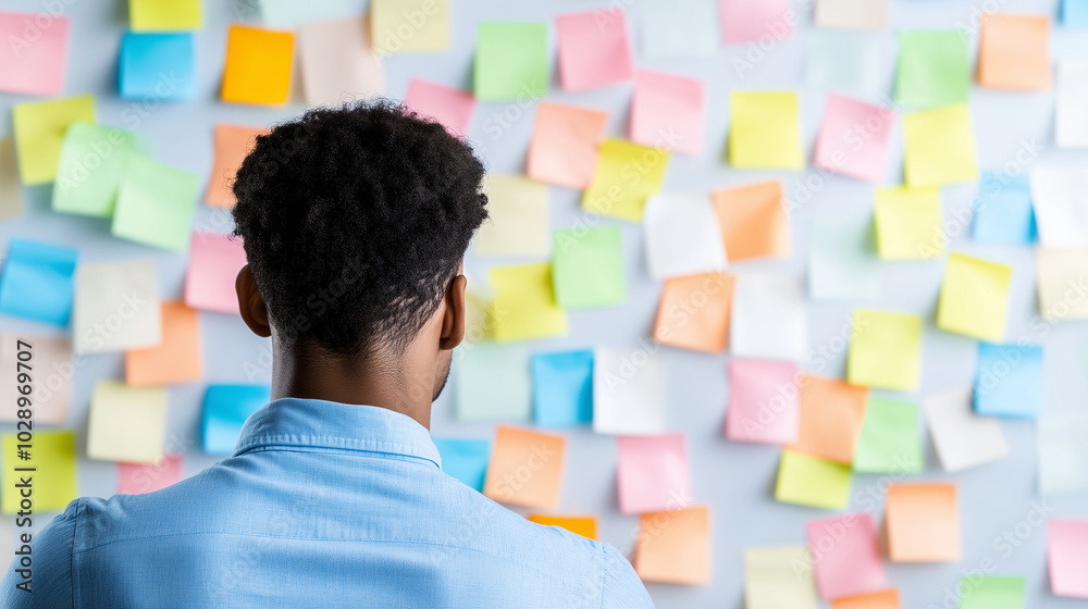 Brainstorming Ideas on a Post-it Note Wall A back view of someone ...
