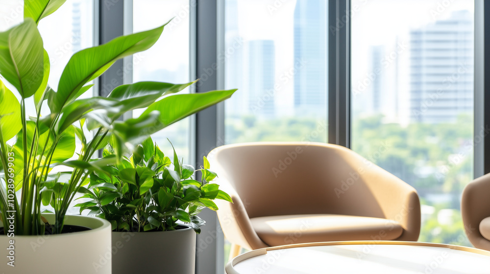 Minimalist Office Interior with Greenery and Urban Views A modern ...