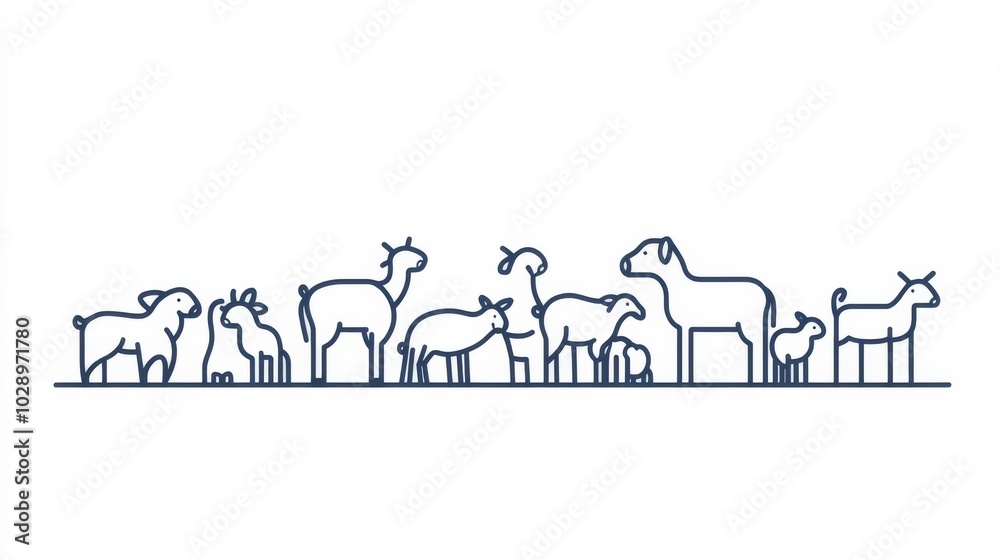 A line of animals, including sheep and goats, are shown in a row. The ...