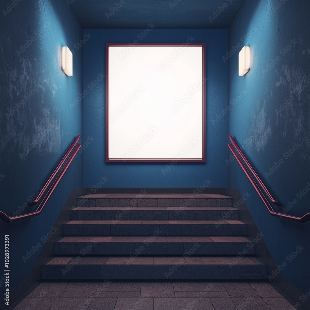 Empty isolated cinema poster panel on the wall of theater walkway white ...