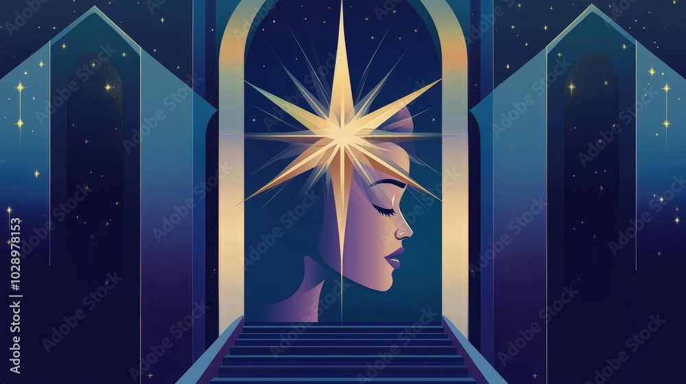 Holy Star in Front of Arched Window with Stairs, Woman’s Face Reflected ...