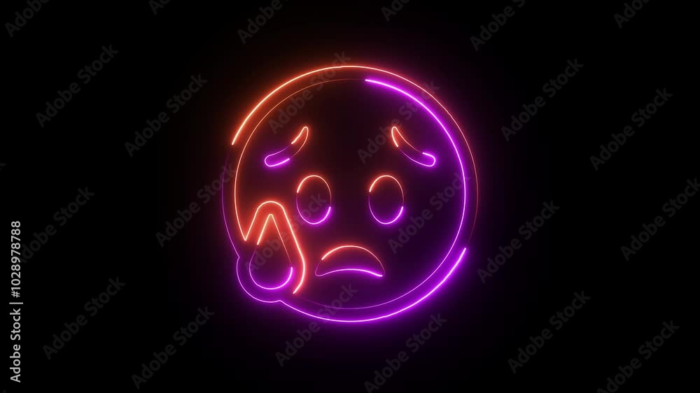Neon sign of a sad face emoji with a color gradient from red to blue ...