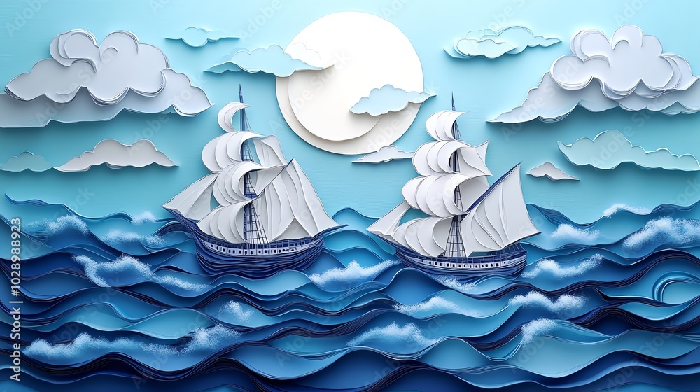 Layered paper cut ocean waves with ships sailing through, creating a ...